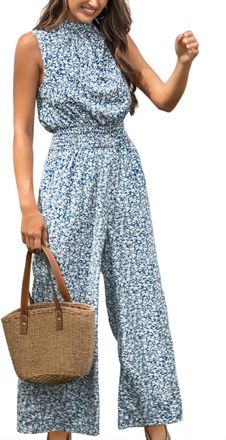 Cupshe Damen Jumpsuit Blumen Stehkragen Overall Ärmellos Weites Bein Lang Playsuit Sommer Lose Hosenanzug mit Taschen
