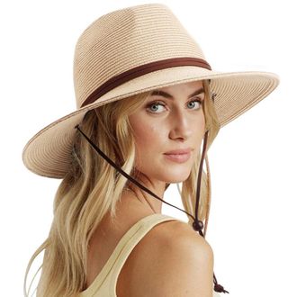 Dreshow Damen Panama Hut Sommer Breiter Krempe Stroh Fedora Sommerhut Strandhut UV Sonnenhut mit Kinnriemen Verstellbare Strohhut UPF 50 +