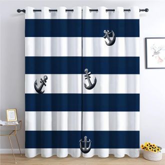 Generic Vorhang Blickdicht Blau Gestreifter Anker B117 x H138 cm Verdunklungsvorhänge mit Ösen Gardinen 3D Druck Ösenvorhang Dekoschal Dekogardinen für Schlaf