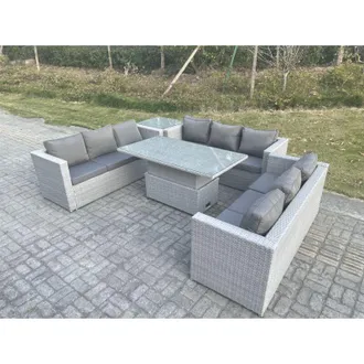 Fimous Rattan Gartenm&ouml;bel Set mit Sofa, H&ouml;he verstellbar Esstisch,Beistelltisch,Outdoor Terrassen Essgruppe 5-teilige Sitzgruppe Helles Grau - Fimous