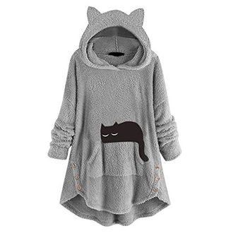Generic Sweat &agrave; capuche en polaire avec poche et oreilles de chat pour femme - Imprim&eacute; mignon - Manches longues, gris, L