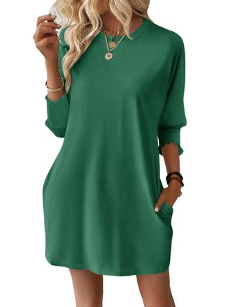 Dokotoo Kleid Damen Sommer L&auml;ssig Sommerkleider Rundhals 3/4 &Auml;rmel Minikleid Sonnenkleid Einfarbig Kurzarm Strand Kleider Fr&uuml;hlings Sommerkleid Lockeres Freiz