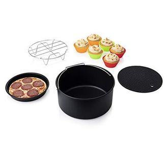 Princess 10-teiliges Zubehör-Set für XL Heißluftfritteuse 3,2 Liter - Topfablage, Pizzablech, Kuchenform, Grillrost, Muffinschälchen, 182011, Schwarz
