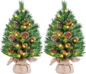 Yaheetech 2er-Set 61 cm Mini K&uuml;nstlicher Weihnachtsbaum mit 35 Warmwei&szlig; LED Beleuchtung & 12 Tannenzapfen Kleiner Christbaum Tisch Tannenbaum f&uuml;r Weihnachtsdeko