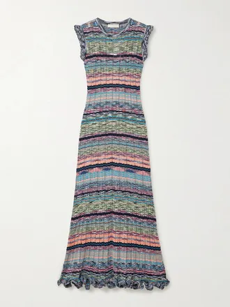Ulla Johnson Robe Midi En Mailles Côtelées À Rayures Et À Volants Ajak - Multicolore