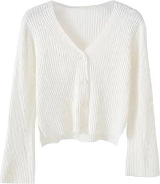 Generic Cardigan court &agrave; col en V pour femme - Style d&eacute;contract&eacute; - Manches longues - En tricot simple, Blanc, taille unique