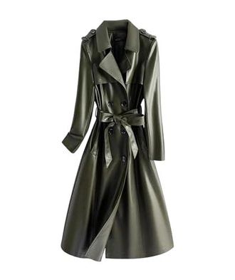 Generic Trench-coat en simili cuir pour femme - Printemps Automne Double Boutonnage Revers crant&eacute; Slim Ceintur&eacute; X-Long Outwear, EN8, M