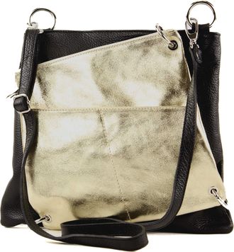 modamoda.de T140 - ital Messengertasche Umhängetasche 2in1 Leder, Farbe:Schwarz/Gold