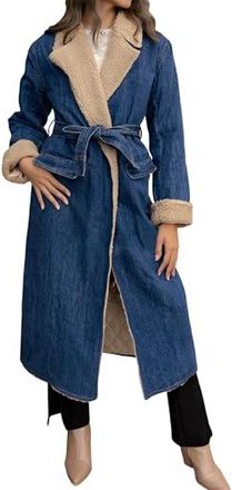 Generic Veste longue en jean pour femme, doubl&eacute;e polaire sherpa, style trench-coat dhiver oversize, coupe d&eacute;contract&eacute;e, avec ceinture, bleue, taille L