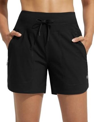 Baleaf Short de Bain pour Femme Taille Haute de 12,7 cm - Contrôle du Ventre - Short de Plage, Poches zippées Noir XXL