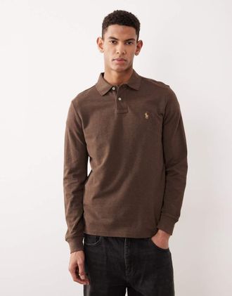 Polo Ralph Lauren Polo ajust&eacute; en piqu&eacute; &agrave; manches longues et logo embl&eacute;matique - Marron chin&eacute;-Brown