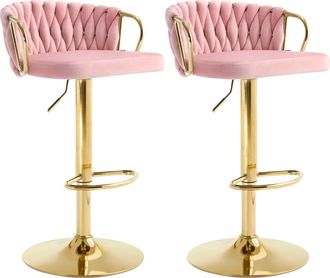 Woltu Barhocker 2er Set, Barst&uuml;hle h&ouml;henverstellbar 360&deg; drehbar, K&uuml;chenhocker mit geflochtener R&uuml;ckenlehne Fu&szlig;st&uuml;tze, Samtstuhl mit Metallrahmen, Rosa, BH4