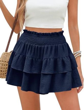 Heekpek Short Femme Ete Fluide à Volants Shorts Taille Haute Ceinture Élastique Jambes Larges Jupe Short de Plage Confort Mini Shorts de Vacances avec Doublur