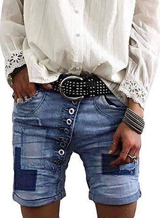 ORANDESIGNE Short en Jean Taille Haute Femme Pantalon Fleur Shorts en Denim Décontractés Mode Bermuda en Jean B Bleu Clair XXL