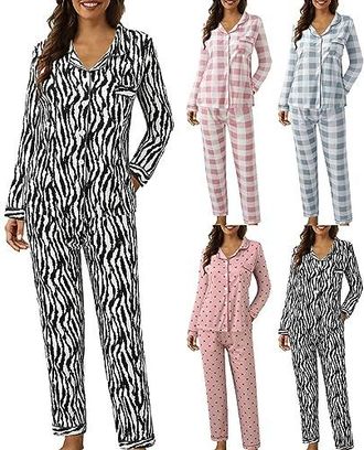 Generic Pyjama imprim&eacute; pour femme, pyjama boutonn&eacute; super doux &agrave; manches longues, v&ecirc;tement de nuit &eacute;l&eacute;gant boutonn&eacute; avec imprim&eacute; d&eacute;contract&eacute; col en V v&ecirc;tements