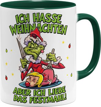 OM3 lustige Ich hasse Weihnachten Kaffee-Tasse mit Spruch - freche Weihnachtstasse Festessen - Keramik Becher - 325ml - Beidseitig Bedruckt - Gr&uuml;n