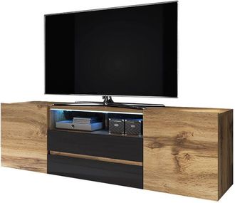 Selsey Selsey BROS - Meuble tv / Banc tv (chêne wotan / noir brillant, 137 cm, avec LED)