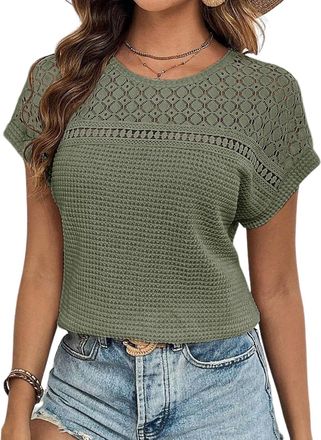 Dokotoo Damen Bluse Sommer Spitzen Kurzarm Blusenshirt Elegant Rundhals Fl&uuml;gel&auml;rmel Tshirt L&auml;ssig Lose Oberteile Shirts Tunika, moosgr&uuml;n, L