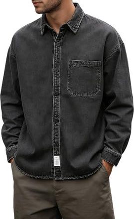 Generic Veste en jean surdimensionn&eacute;e pour homme, style vintage, d&eacute;lav&eacute;, coupe ample, boutonn&eacute;e, v&ecirc;tements dext&eacute;rieur d&eacute;contract&eacute;s, Noir, XXL