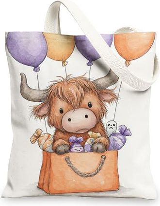 Generic Jolis sacs en toile de vache des hautes terres, sacs dépicerie réutilisables avec adorable motif animal, sacs en toile légers et lavables avec bandoul