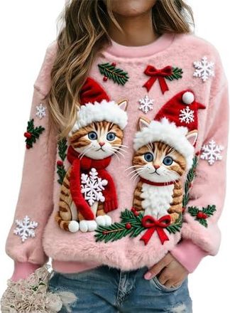 Generic Sweat-Shirt de No&euml;l en Flanelle avec imprim&eacute; Chat pour Femme, Style d&eacute;contract&eacute;, &eacute;l&eacute;gant, Doux et Chaud, Pull de No&euml;l Fantaisie &agrave; col Rond, Haut de Va