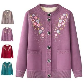 Generic Pull &agrave; revers tricot&eacute; brod&eacute; pour m&egrave;re - Col rond - Manches longues - Boutonn&eacute; - Cardigan en polaire pour personnes &acirc;g&eacute;es, violet, XXL
