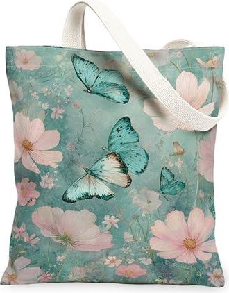 Generic Sacs fourre-tout en toile avec motif floral papillon, sacs d&eacute;picerie r&eacute;utilisables, l&eacute;gers et lavables pour lext&eacute;rieur, bleu, 13x15 Inch