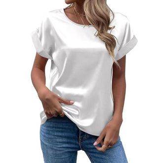 Generic Chemisier en satin de soie pour femme, col rond, manches courtes, tenue d&eacute;contract&eacute;e, haut &agrave; manches courtes, t-shirt &agrave; col rond, blanc, XXL