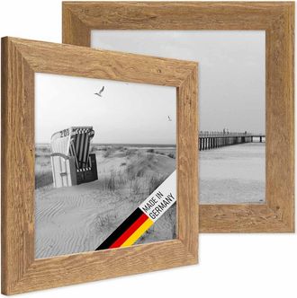 Photolini Bilderrahmen 15x15 cm Holz Eiche-Optik, 2er Set Echtholz-Rahmen rustikal, Strandhaus, Made in Germany, Echtglas, zum Aufhängen & Aufstellen, extra Zub