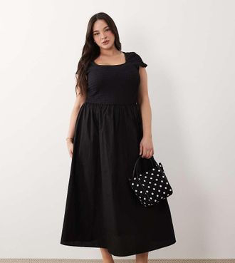 Nobody's Child Kurz&auml;rmliges Jersey-Midikleid in Schwarz mit U-Ausschnitt und gesmoktem Oberteil