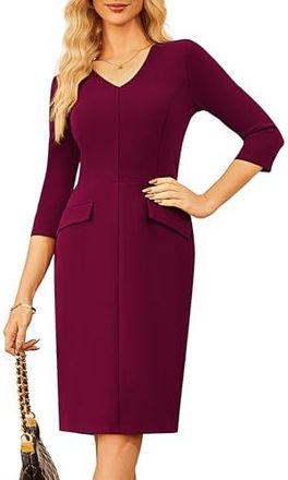 Grace Karin Robe moulante pour femme - Col en V - Manches 3/4 - Robe business avec fente, rouge bordeaux, M