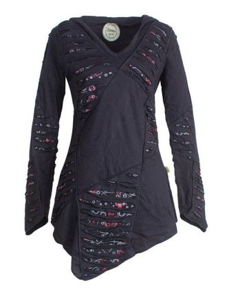 vishes Zipfelkleid Langarm Damen Baumwoll Cutwork-Kleid Hoodie Zipfelkapuze Asymmetrisch Alternative Bekleidung, Goa, Ethno Style