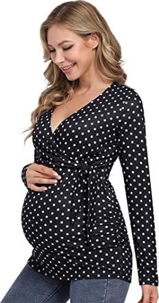 KOJOOIN T-shirt dallaitement à manches courtes et col en V - Haut dallaitement plissé sur le devant - Vêtements de maternité, Noir-03., L