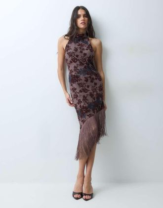 Asos Devore-Neckholder-Minikleid mit Fransen in Braun-Gr&uuml;n