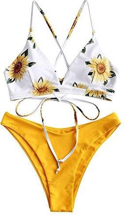 Zaful Ensemble de Bikini Femme, Maillot de Bain de 2 pièces Haute Coupe Bretelles Croisées au Dos Tournesol (Jaune, M (EU.38))
