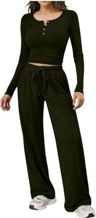 Generic Ensemble de 2 pi&egrave;ces pour femme avec haut en tricot &agrave; manches longues et pantalon long &agrave; jambe large, Vert, XXL