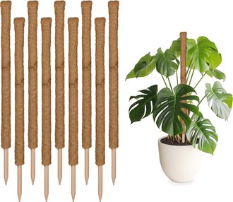 Relaxdays Kokosstäbe 10er Set, Pflanzenstäbe für Monstera, Efeutute und mehr, 90 cm lang, Kokosfaser und Holz, Natur