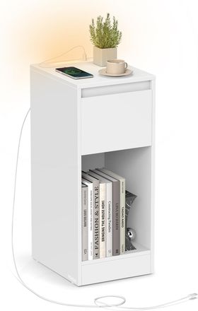 Vasagle Nachttisch, schmal, Beistelltisch, LED-Beleuchtung, 1 USB-A-Anschluss, 1 USB-C-Anschluss, Schublade, offenes Fach, f&uuml;r Schlafzimmer, Wohnzimmer, wolke
