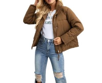 Generic Doudoune courte pour femme col montant hiver doudounes matelass&eacute;es chaudes manteaux (Kaki fonc&eacute;,Grand)