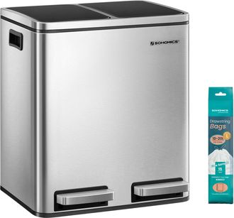 Songmics M&uuml;lleimer K&uuml;che, 2 x 15 Liter, M&uuml;lltrennsystem 2 F&auml;cher, inklusive 15 M&uuml;llbeutel, Abfalleimer, Treteimer, recycelbare Abf&auml;lle, Biom&uuml;ll, Softclose-Deck