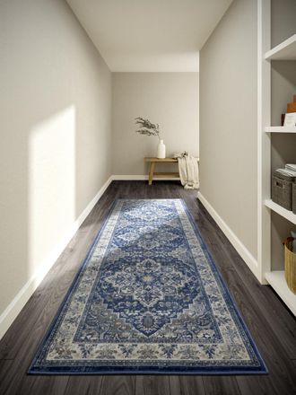 Villeroy & Boch Kurzflor Teppich Jehanne - Klassischer Wohnzimmerteppich - Traditioneller Teppich f&uuml;r Wohnzimmer, Schlafzimmer, Esszimmer, Flur, K&uuml;che - Blau Creme, 8