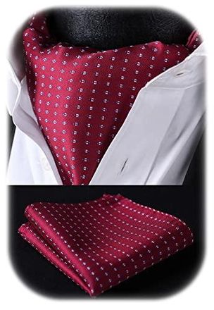 Hisdern Cravate Ascot Bordeaux Homme et Mouchoir Ensemble &agrave; Pois Polyester Soie Retro Classque &Eacute;l&eacute;gant Cravates Ascot Hommes Pochette pour Mariage