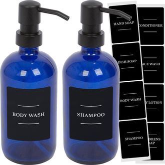 Harbour Housewares 2X Seifenspender aus Glas mit Etiketten - 500ml - Blau - Badezimmer K&uuml;che Shampoo Duschgel Fl&uuml;ssig Handw&auml;sche Schaum Pumpe Flasche