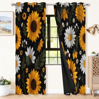 Generic Bedruckte Blickdichte Vorh&auml;nge Schwarz Gelb, Cartoon Sonnenblume G&auml;nsebl&uuml;mchen Muster W&auml;rmeisoliert Vorh&auml;nge mit &Ouml;sen - H 215 x B 91.5 cm (2er Pack) F