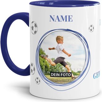 Tassendruck Kinder-Tasse mit Fußball-Motiv - mit Foto, Name & Zahl selbst gestalten - Für Mädchen & Jungen, Fußballtasse - Keramik Innen & Henkel Cambridge Blau, 