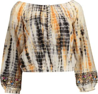 Desigual Femme, Blouses et Chemises, Multicolore, Taille: 46 FR T-shirt femme manches longues, beige, d&eacute;tails contrast&eacute;s