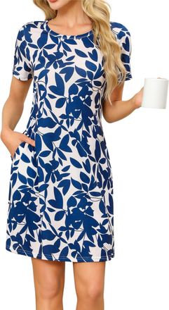 Zeagoo Tshirt Kleid Damen Knielang Rundhals Kurzarm Sommerkleid Leicht Luftig T Shirtkleid Casual Sommer Kleider mit Taschen Blaue Blumen M