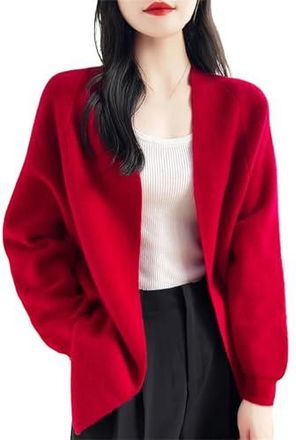 Generic Cardigan en laine pour femme 100 % laine tricot&eacute;e ample confortable col en V, Rouge, Taille XS