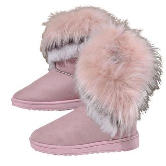 Generic JJDFW Bottes de neige mi-mollet doubl&eacute;es de fourrure en coton pour femme Chaussures plates &agrave; bout rond Semelle en caoutchouc Couleur unie, rose, 42 1/