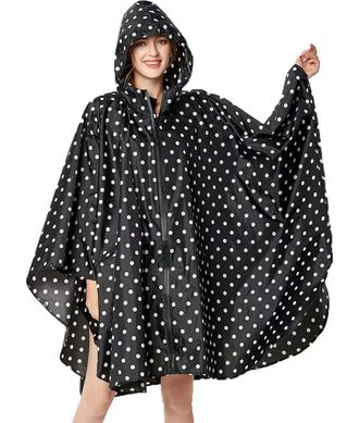 Nuur Damen Regenponcho Regenmantel Unisex Regenjacke Wasserdicht Regencape Wiederverwendbar mit Kapuze Schwarz Punkten